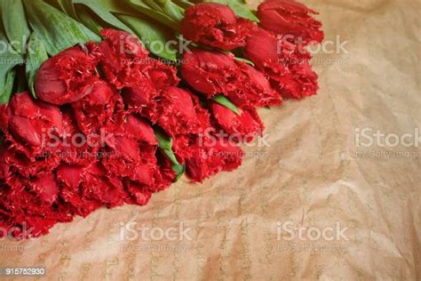 신선한 꽃 조성 공예에 붉은 튤립 꽃다발 종이 배경 발렌타인 여자 8 3 월 생일 어머니의 날 선물 공간을 복사 전면 보기를 닫습니다 개체 그룹에 대한 스톡 사진 및 기타