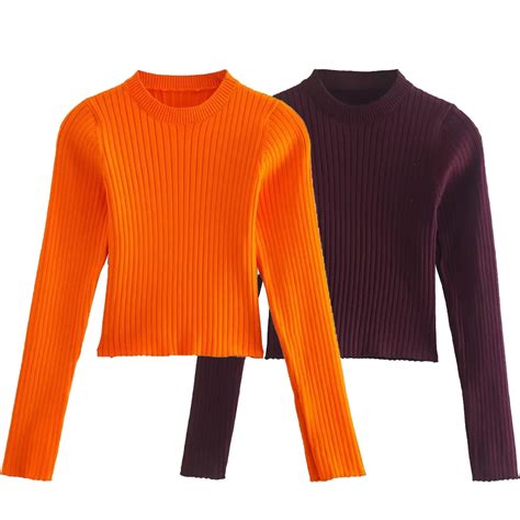 NORPOJIN 여성용 오렌지 스웨터 크롭 풀오버 상의 골지 스웨터 긴 슬릿 소매 점퍼 Y K 여성 의류 AliExpress