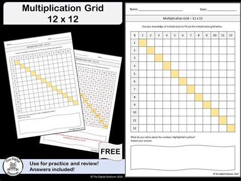 Multiplication Grid 12 X 12 Freebie With Answer Sheet Teaching