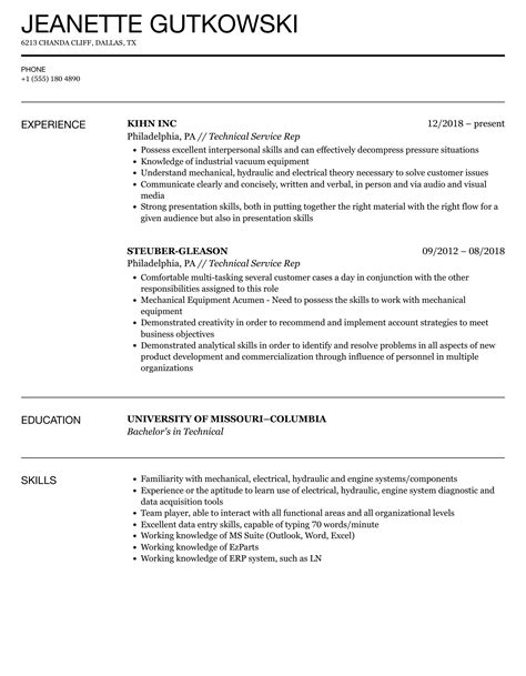 Technical Service Rep Resume Samples Velvet Jobs