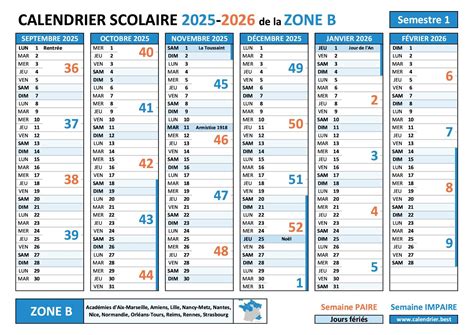 Calendrier scolaire 2025-2026 Zone B à imprimer (PDF gratuit)