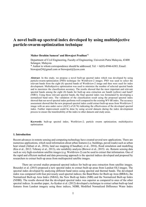 Pdf A Novel Built Up Spectral Index Developed By Using Multiobjective Particle Swarm
