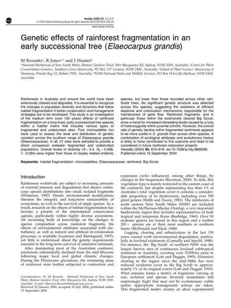 Genetic Effects Of Rainforest Fragmentation In An Early Successional Tree Elaeocarpus Grandis