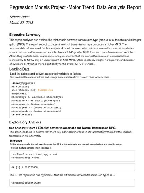 Regression Models Course Project Pdf P Value Regression Analysis