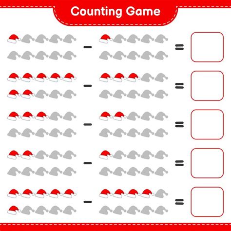 카운팅 게임 산타 모자의 수를 세고 결과를 쓰세요 교육 어린이 게임 인쇄용 워크시트 벡터 일러스트 레이 션 프리미엄 벡터