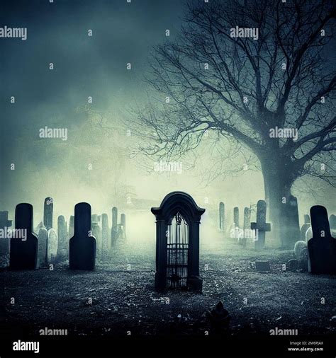 Haunted Dark Graveyard At Night Halloween Background Digital Art Stock