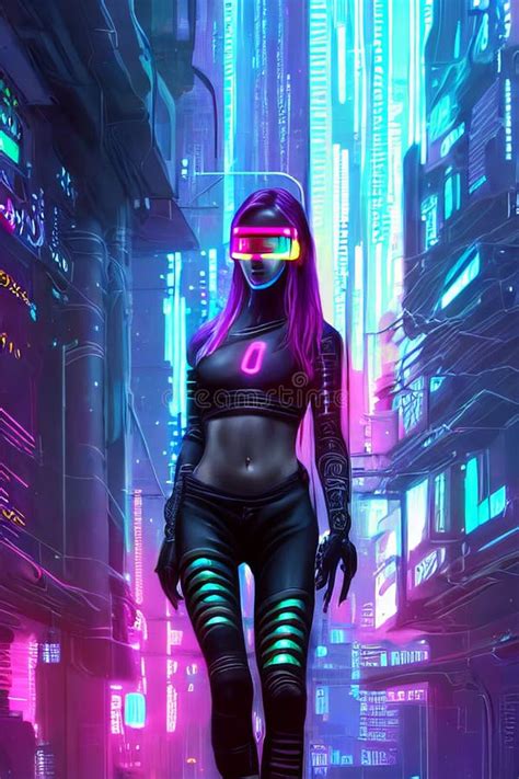 Beautiful Cyberpunk Woman In Neon Light Ai Stock Illustration Illustration Of Mechanism