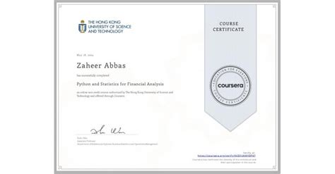 Zaheer Abbas On Linkedin Completion Certificate For Python And Statistics For Financial Analysis
