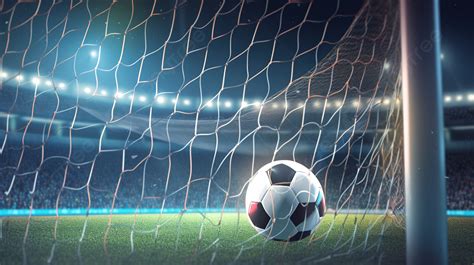 승리를 나타내는 경기장 조명으로 조명되는 축구공 득점 목표의 동적 3d 렌더링 축구 네트 운동장 축구장 배경 일러스트 및