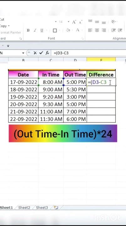 calculate in time and out time difference in excel shorts excel