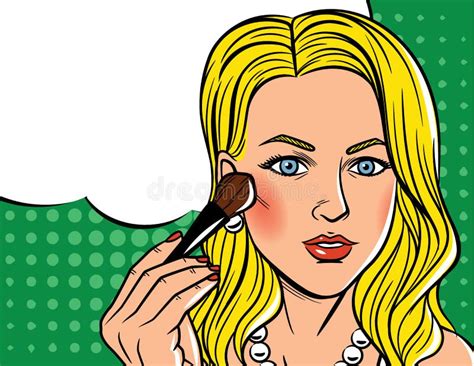 Vector Illustration In Comic Art Style Of Pretty Woman With Blush Brush