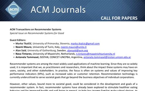 acm tors call for papers special issue on recommender systems for good