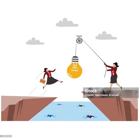Businesswoman Jumping Off Cliff Abyss For A Big Hanging Light Bulb Idea