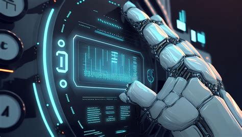 로봇 손의 집게 손가락이 컴퓨터 대시보드를 탭합니다 가상 세계에서 Generative Ai는 바이오닉 기술을 사용합니다