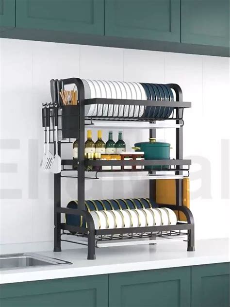 2 3ชั้น ชั้นวางจาน ชั้นคว่ำจาน ที่คว่ำจาน ชั้นวางจานสแตนเลส 57cm สแตนเลสเคลือบสีดำ ที่คว่ำจานชาม