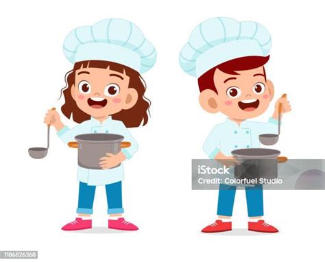 요리사 의상에 행복 귀여운 아이 소년과 소녀 가정 주방에 대한 스톡 벡터 아트 및 기타 이미지 가정 주방 가정의 방 국자