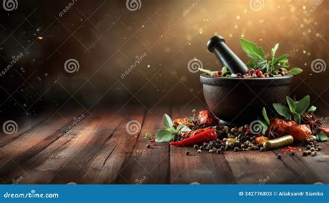 Herb And Spices Display With Mortar And Pestle Wooden Background