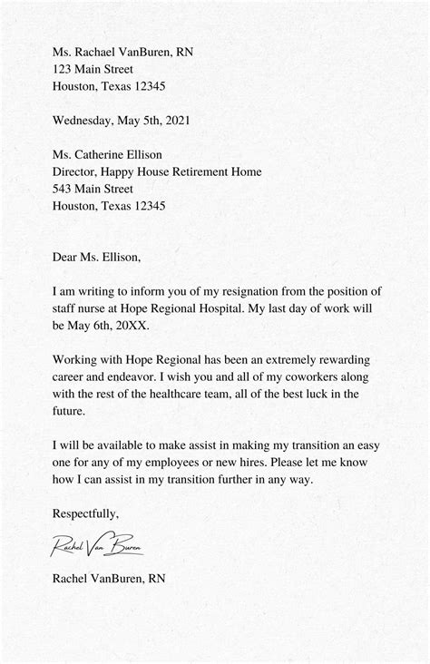 Sample Resignation Letter Nurse