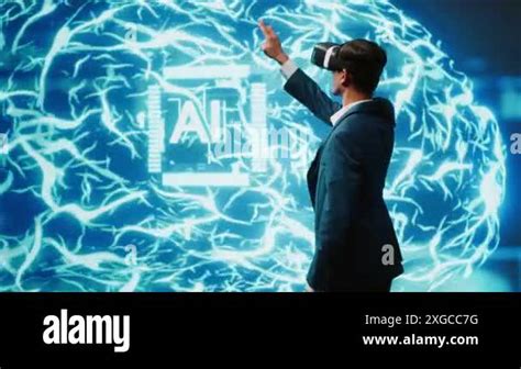 Computer Scientist Wearing VR Headset Looking At Hologram Of Artificial