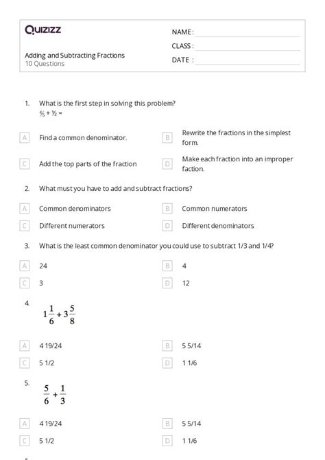 Adding And Subtracting Fractions Worksheets On Quizizz Free Printable