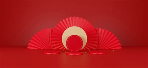 행복한 중국 새해 개념 기하학적 형태의 최소 장면입니다 실린더 포디움 디스플레이 또는 빨간색 팬과 골드 볼과 빨간색 배경에 제품에 대한 모형을 전시 텍스트 공간을 사용할 수
