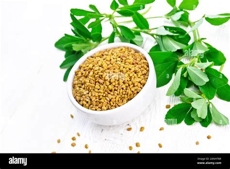 Fenugreek Seeds In A Bowl And On A Table Green Seasoning Leaves On A