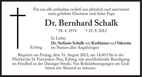 Traueranzeigen Von Bernhard Schalk Sz Gedenkende