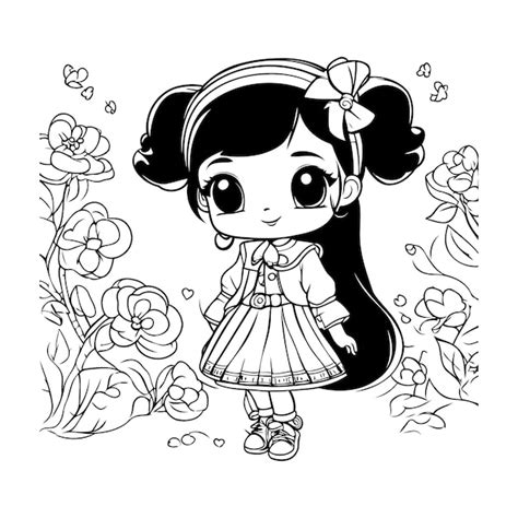 花を持つかわいい漫画の女の子 塗り絵のベクトル図 Premium Ai生成ベクトル画像