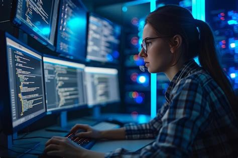 Premium Photo Young Female It Programmer Working In Data Center With Team