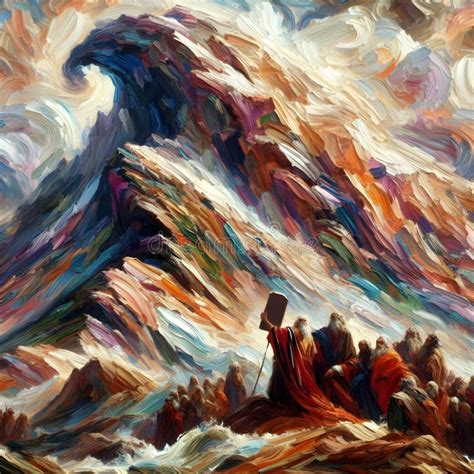 A Bold Brushstroke Oil Painting Of Moses And The Tablets Emerge From