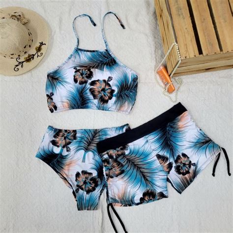Biquíni Plus Size Com Bojo Cintura Alta Mais Shorts Saída De Praia Com