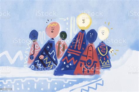 지역 사회에서 온 사람들의 그룹은 자신의 운명을 향해 걸어가 세상을 관찰합니다 화려하고 양식화 된 개념 다중 색상에 대한 스톡