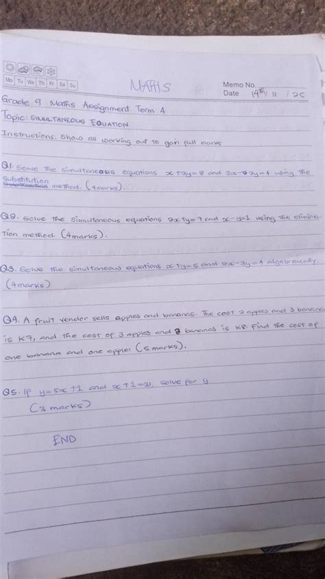 Grade 9 Maths Assignment Term A Topic Simultaneous Equation Instructions