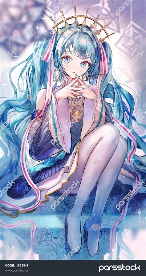 انیمه دختر زیبا نشسته روی پله با پیراهن سفید مو موهای بلند آبی که تاج