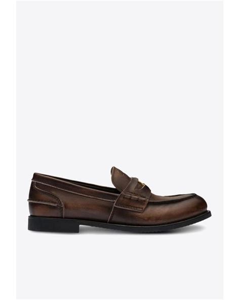 Miu Miu Logo Embossed Calf Leather Loafers In Brown Lyst