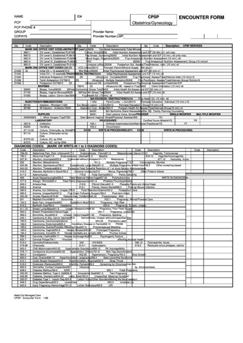 Encounter Form Cpsp Obstetricsgynecology Printable Pdf Download