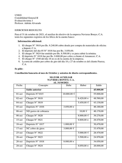 Ejercicio Resuelto De Conciliacion Bancaria Pdf Bancos Cheque