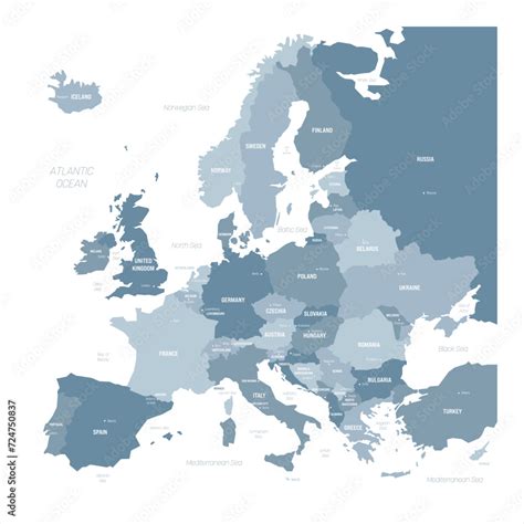 Political Map Of Europe Blue Colored Vector Map With Capital Cities Of