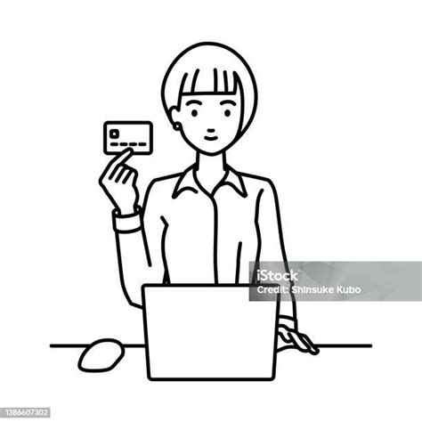 책상에서 노트북 컴퓨터를 사용하고 신용 카드를 들고 셔츠 작업 스타일을 입은 여성 경영자에 대한 스톡 벡터 아트 및 기타 이미지