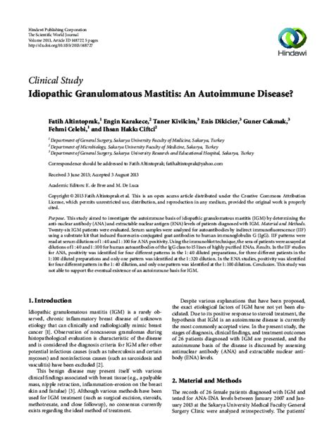 Pdf Idiopathic Granulomatous Mastitis An Autoimmune Disease Engin