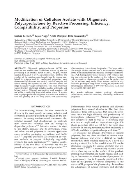 Pdf Modification Of Cellulose Acetate With Oligomeric Polycaprolactone By Reactive Processing