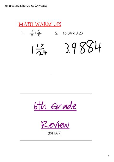 6th Grade Math Review For Iar Testing Math Warm Ups 1 7 8 5 6 2