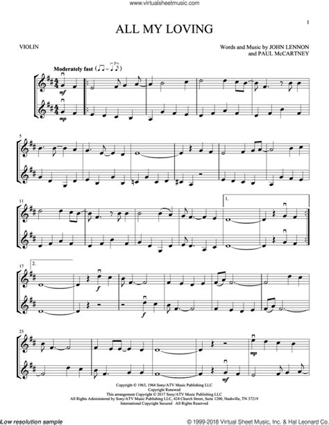 All My Loving Sheet Music For Two Violins Duets Violin Duets