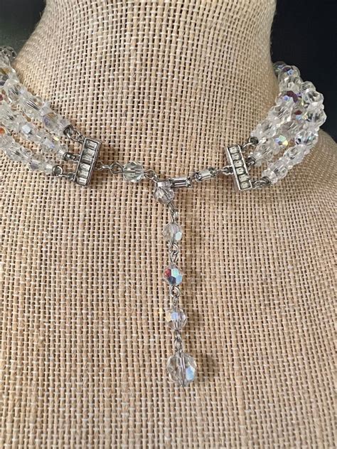 Vintage 1950s Aurora Borealis Crystal Bead Triple Strand Necklace And