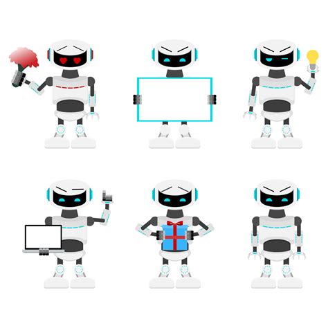 Robots Set Poses And Action Cyborg With Laptop Or Flowers Android Mechanical Present Gift