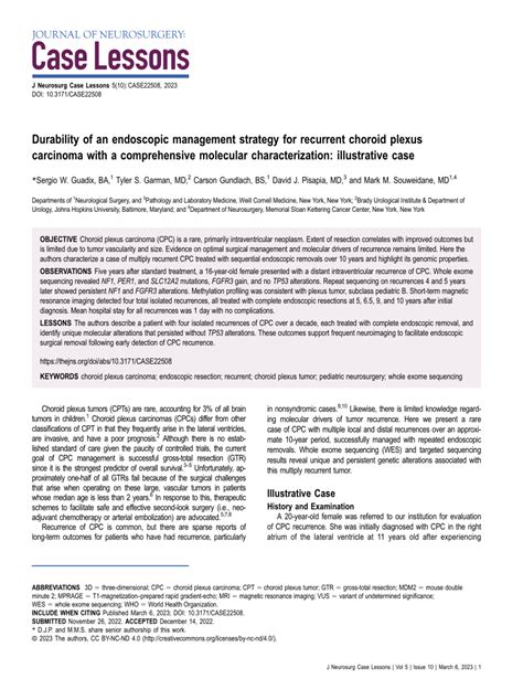 Pdf Durability Of An Endoscopic Management Strategy For Recurrent Choroid Plexus Carcinoma