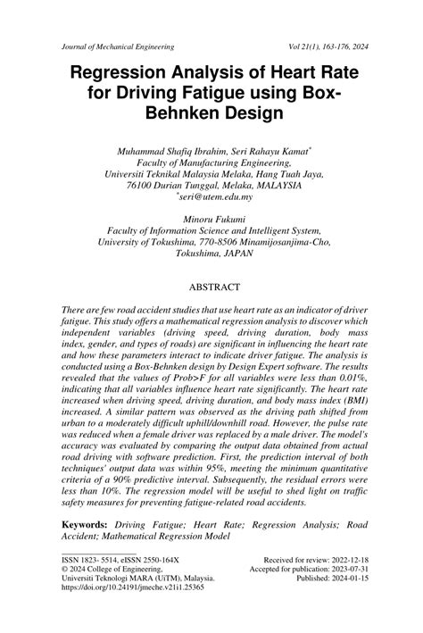 Pdf Regression Analysis Of Heart Rate For Driving Fatigue Using Box Behnken Design