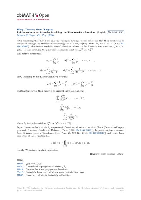 Pdf Review Of The Article “infinite Summation Formulas Involving The