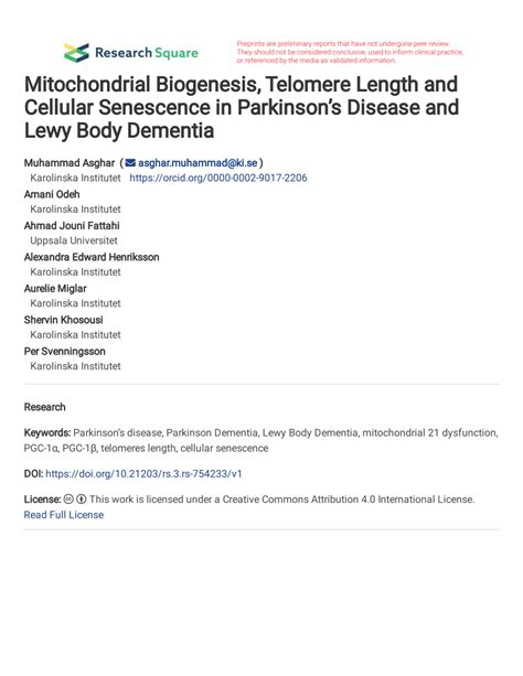 Pdf Mitochondrial Biogenesis Telomere Length And Cellular Senescence