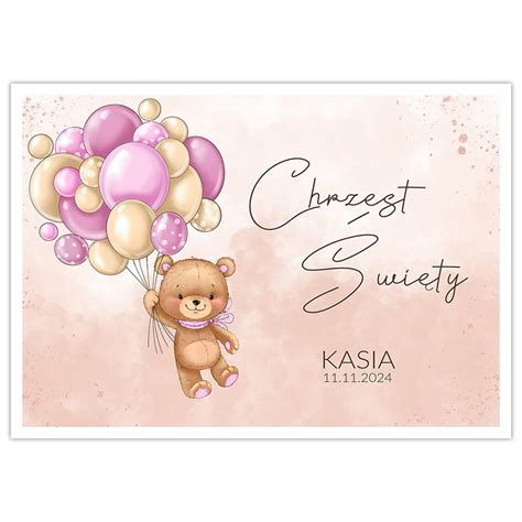 PLAKAT na Chrzest dziewczynki Z IMIENIEM Miś i baloniki 86 x 61cm GIGA LUX
